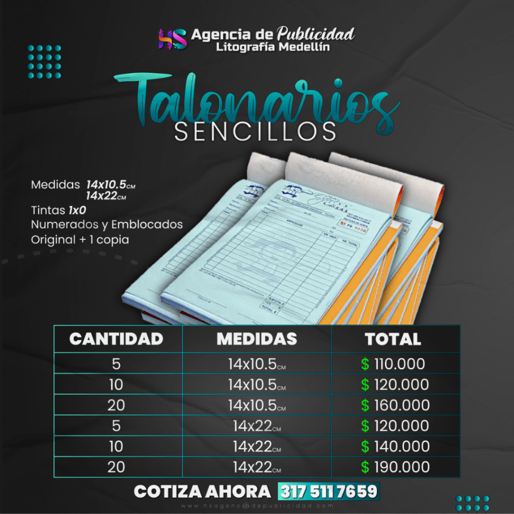 Talonarios Sencillos - HS Agencia de Publicidad y Litografía Medellín